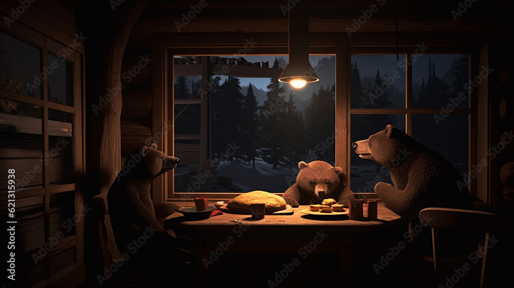 cartoon illustration of family of bears eating a table in a cabin Stock ...