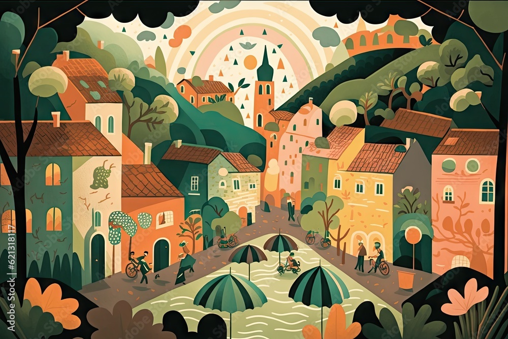 Small town in the forest with houses and people Stock Illustration ...