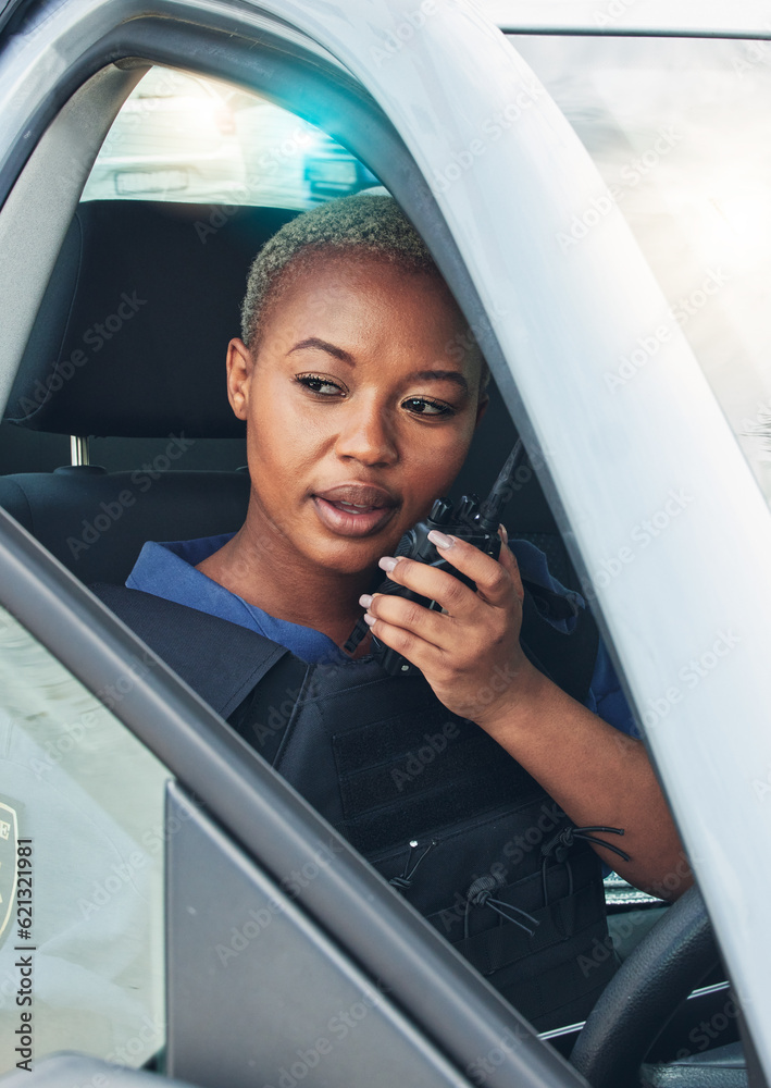 Police woman, car and radio for talking, crime investigation or patrol ...