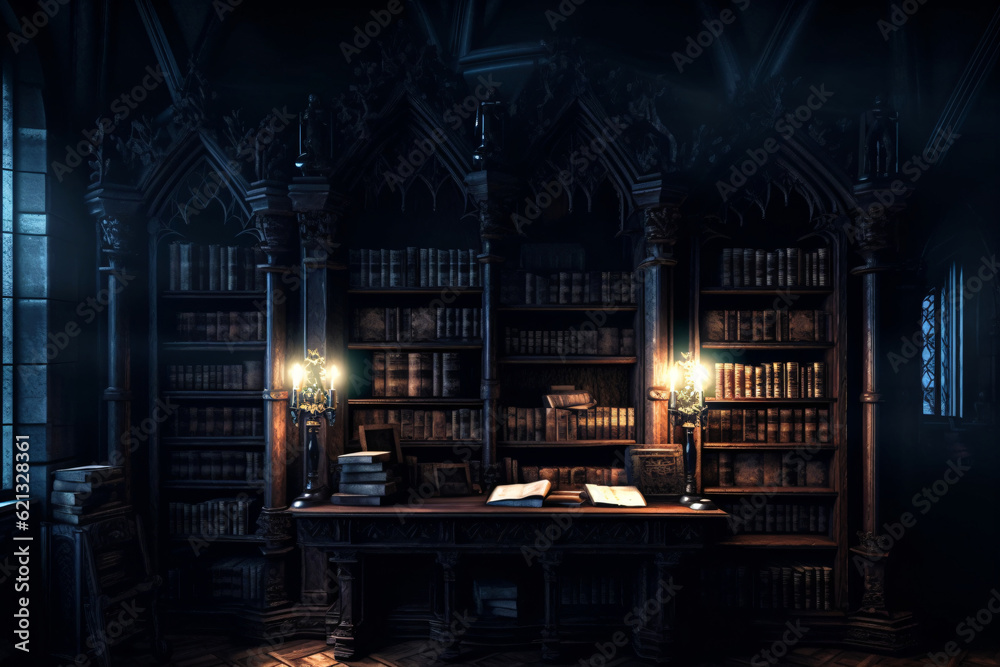 medieval library, gothic reading room interior with desks, old ...