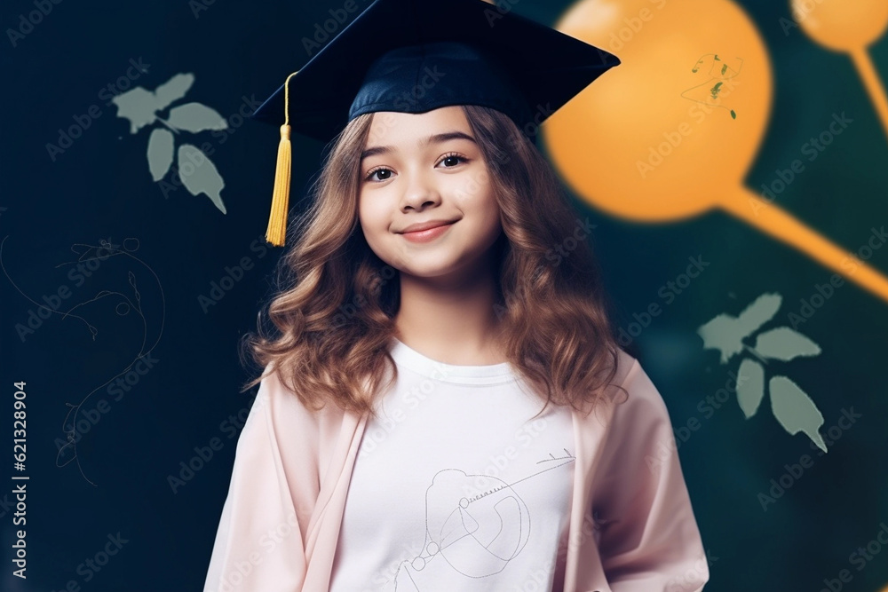 Little girl wearing a graduation cap in a black background Stock ...