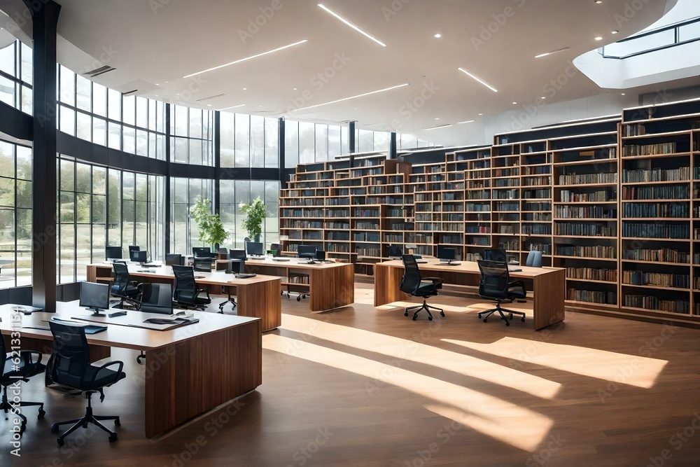 A modern library with sleek bookcases, comfortable study desks, and ...