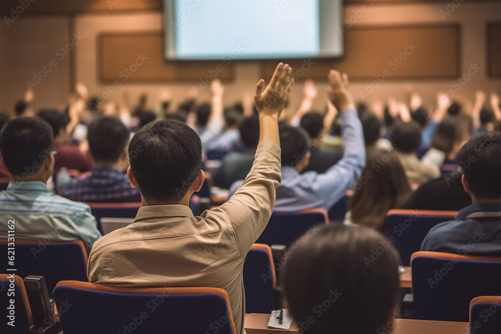 Students with their hands raised asking questions in a classroom at ...