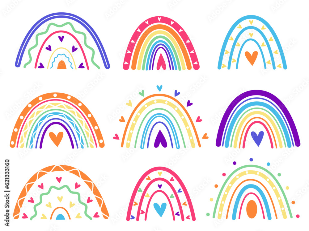 Boho color rainbows set. Collection of lgbt flag color rainbows. Vector ...