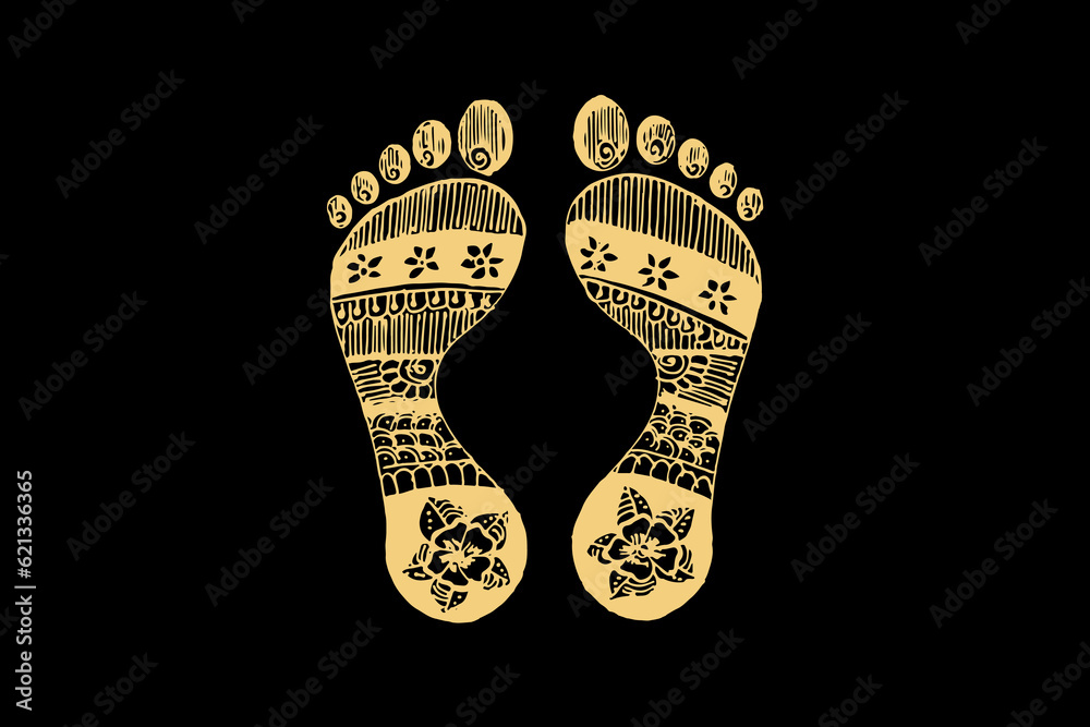 Zentangle art for woman footprints with gold color isolated on dark ...