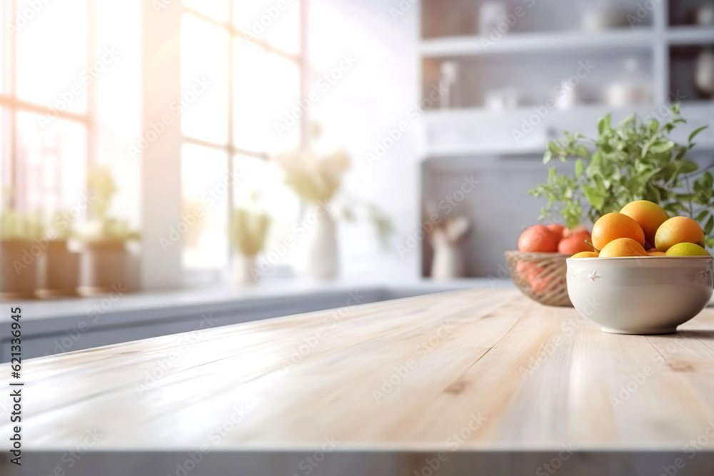 Wooden texture table top on blurred white modern kitchen interior ...
