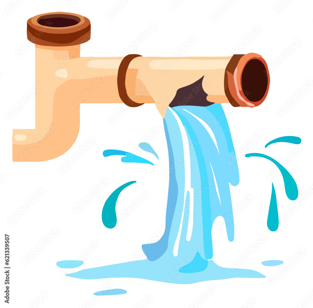 Flat Design of Damaged Pipe Gushing Water Stock Vector | Adobe Stock