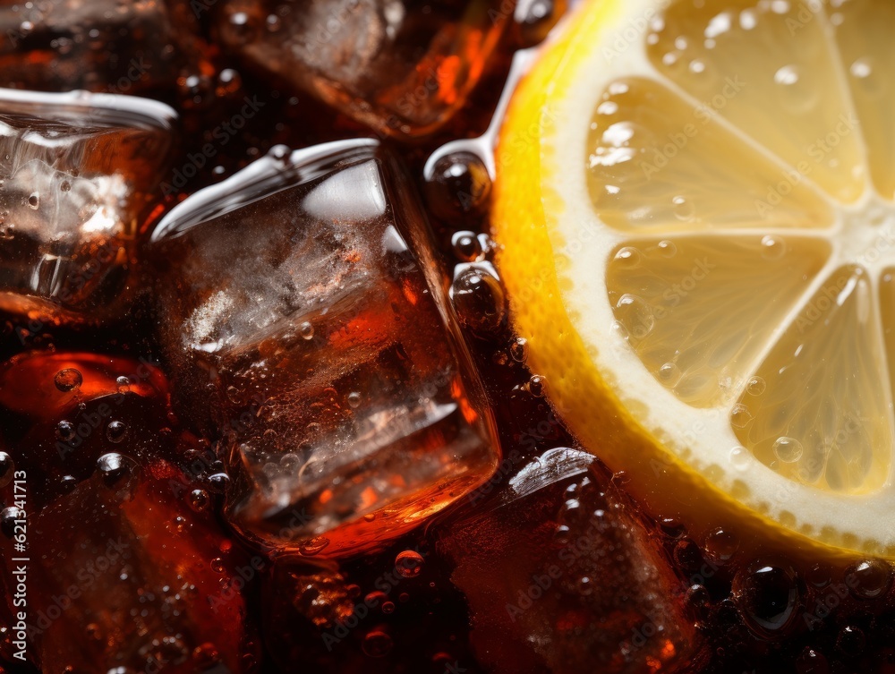 closeup photo of a fresh cold cola soda drink in a glass with a lemon slice and ice cubes ...