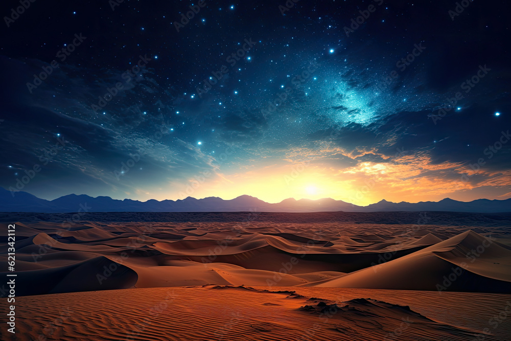 awe-inspiring panoramic shot of a vast desert under a starry night sky ...
