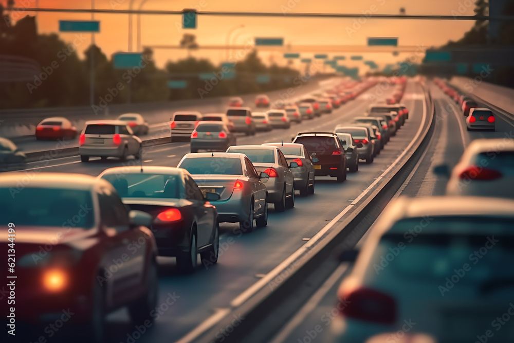 A long line of cars on a busy highway with traffic lights on each side ...