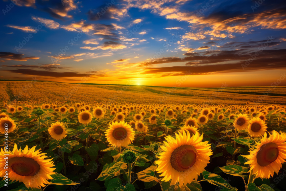 Sunflower Symphony: vibrant panorama of sunflower fields stretching as ...