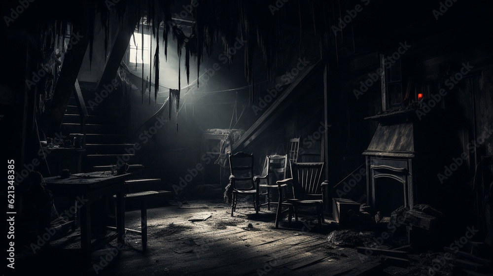 Inside view of haunted house with abandoned chamber, ghostly light and ...