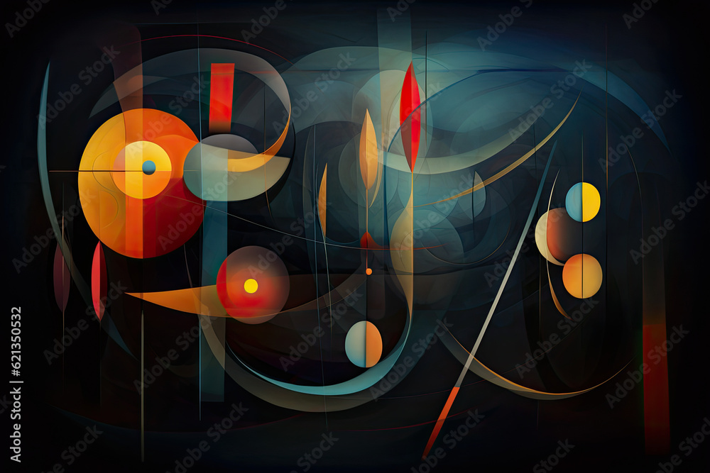 symphony of abstract shapes and lines on a dark background, creating a ...