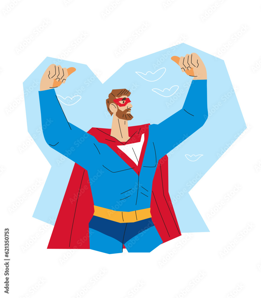 Man in superhero costume demonstrates muscular strength and super power ...
