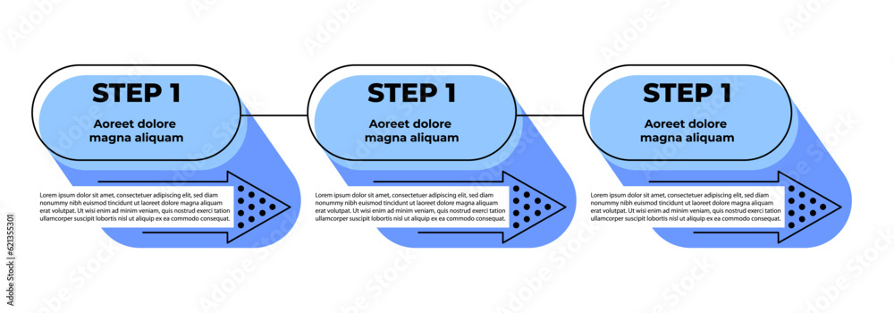 3 steps infographic with arrows and lines. Step by step manual ...