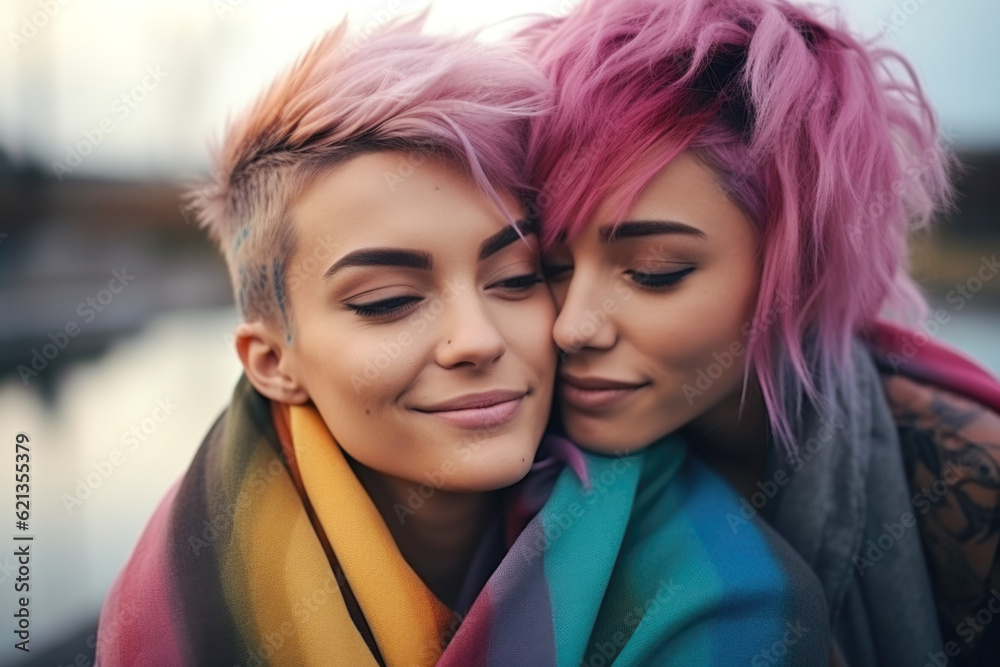 Lesbian couple of young women with colorful dyed hair. LGBT community ...