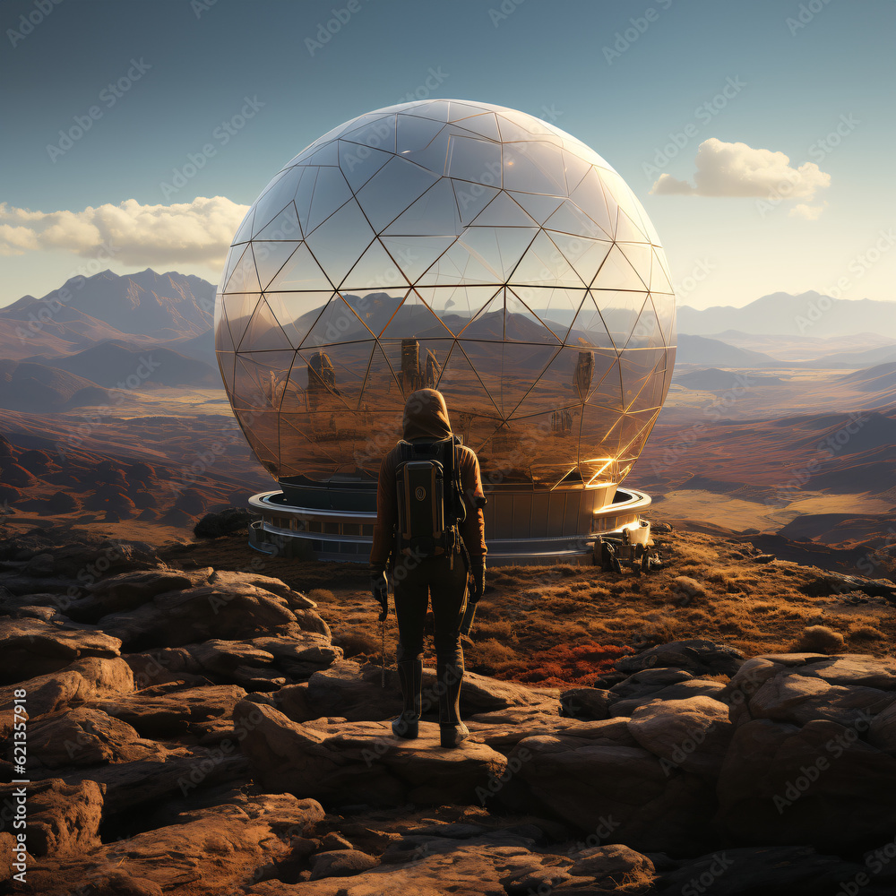 Astronaut explorer seen from behind in front of a geodesic dome, glass ...