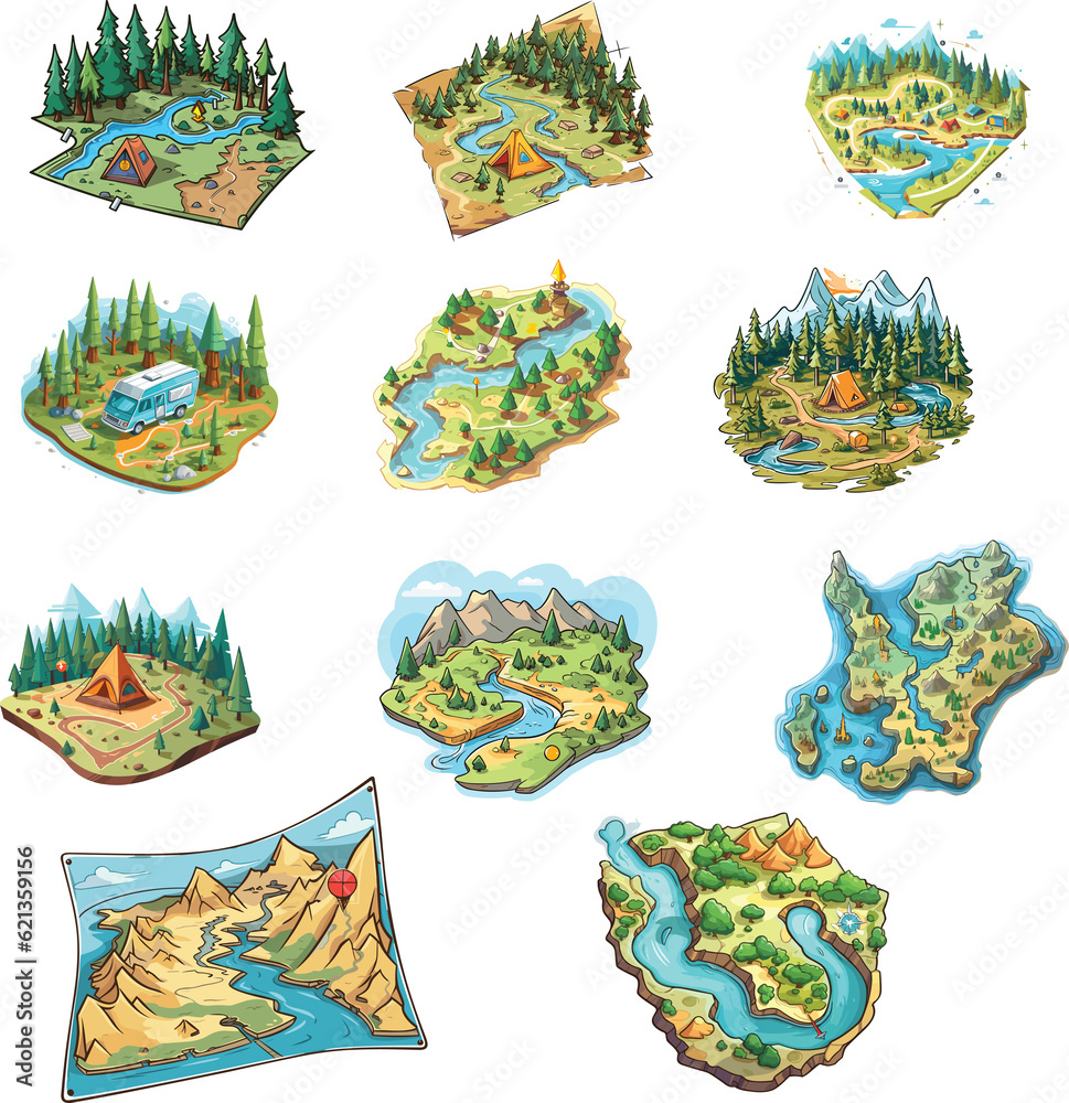 Set Camping map. Summer camp background. Vector nature clip art or ...