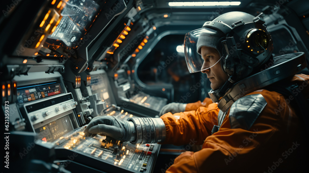 Astronaut pilot in command in the cockpit of a spaceship with orange ...