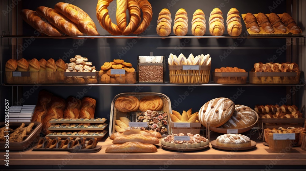 Bakery showcase with delicious fresh pastries, buns, bread, long loaf ...