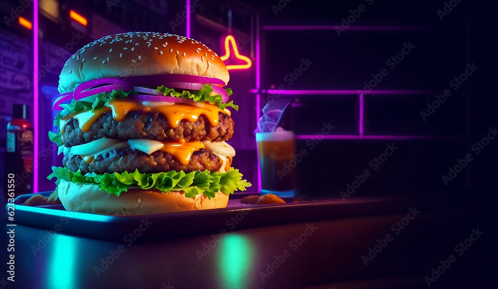 Delicious double beef burger and cheddar cheese on a colorful neon ...