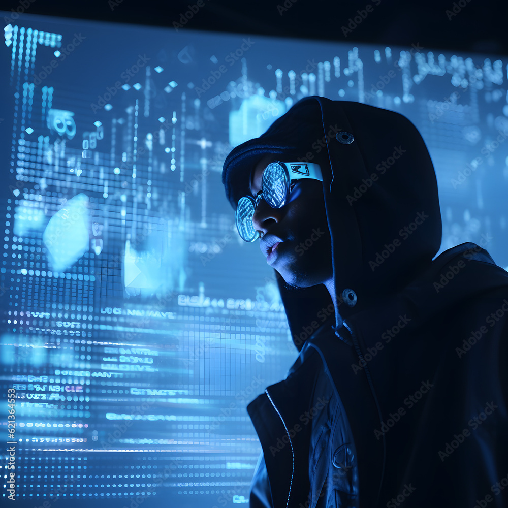 cybercrime hacker or spy in front of a digital screen Stock Photo ...