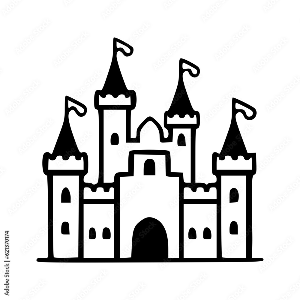 Medieval castle fortress building black outlines monochrome vector ...