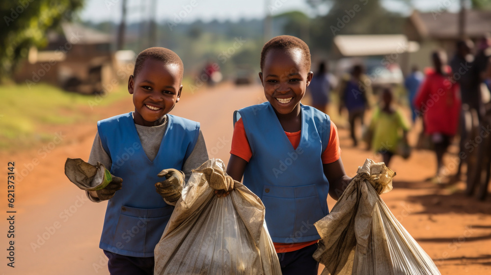 Children from Africa engaged in a community clean-up campaign ...