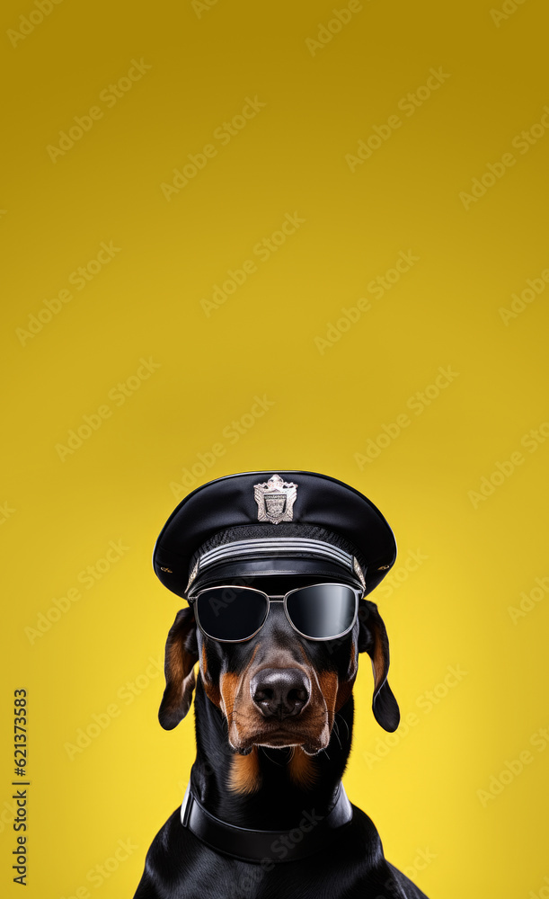 Mean looking Doberman Pinscher working as a security officer or cop ...