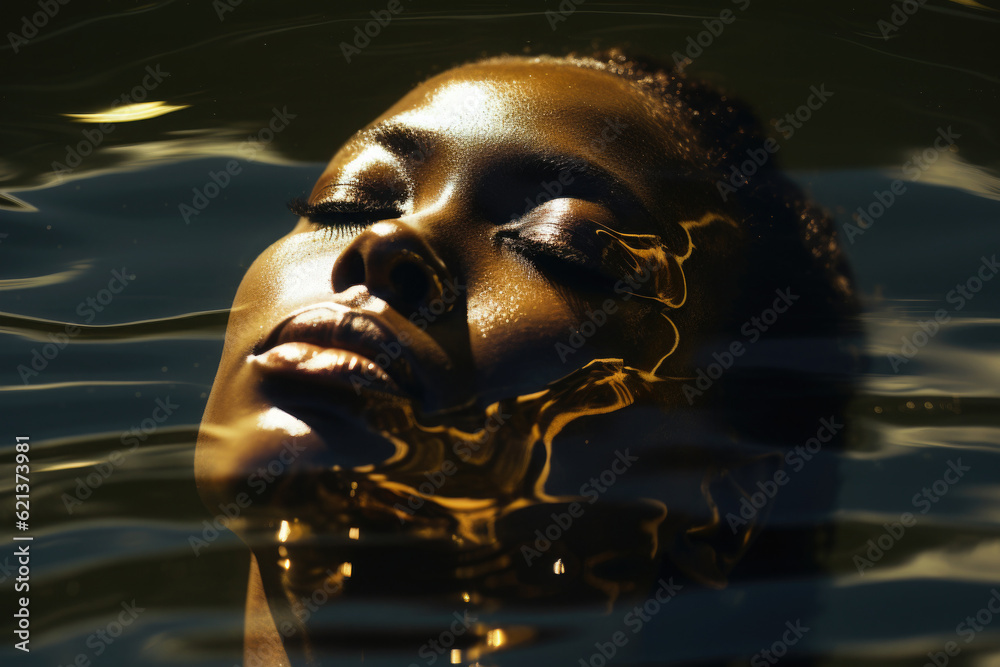 Beautiful woman face under water. Black female model with bright makeup ...