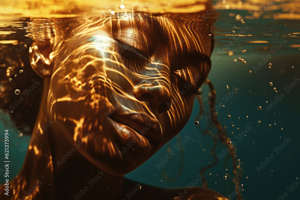 Beautiful woman face under water. Black female model with bright makeup ...