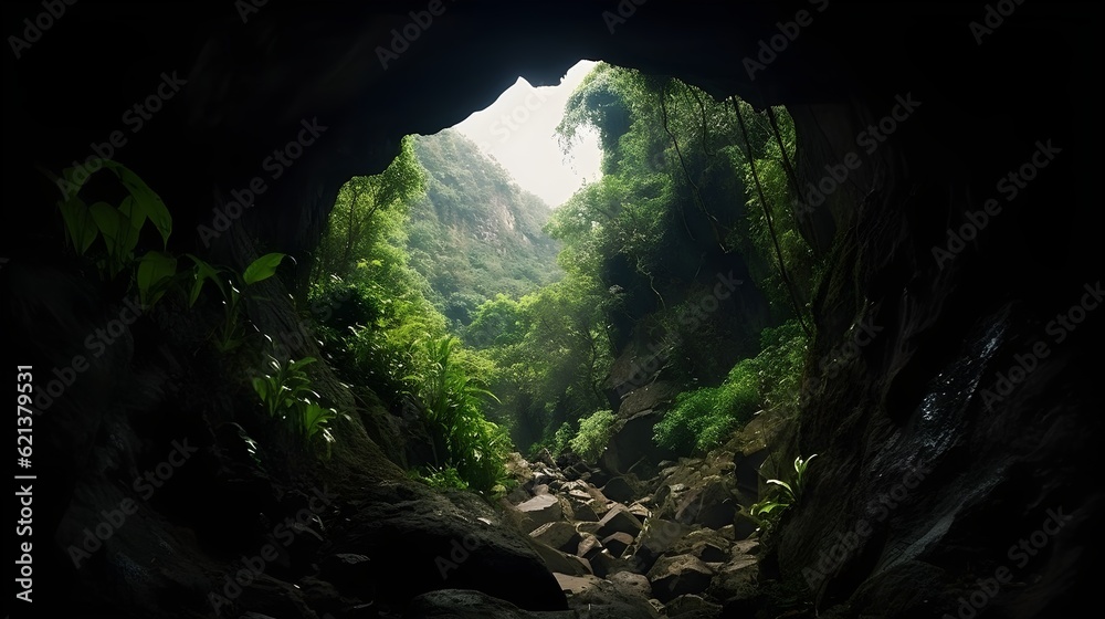 Beautiful cave entrance from inside of the mouth cave with dark ...