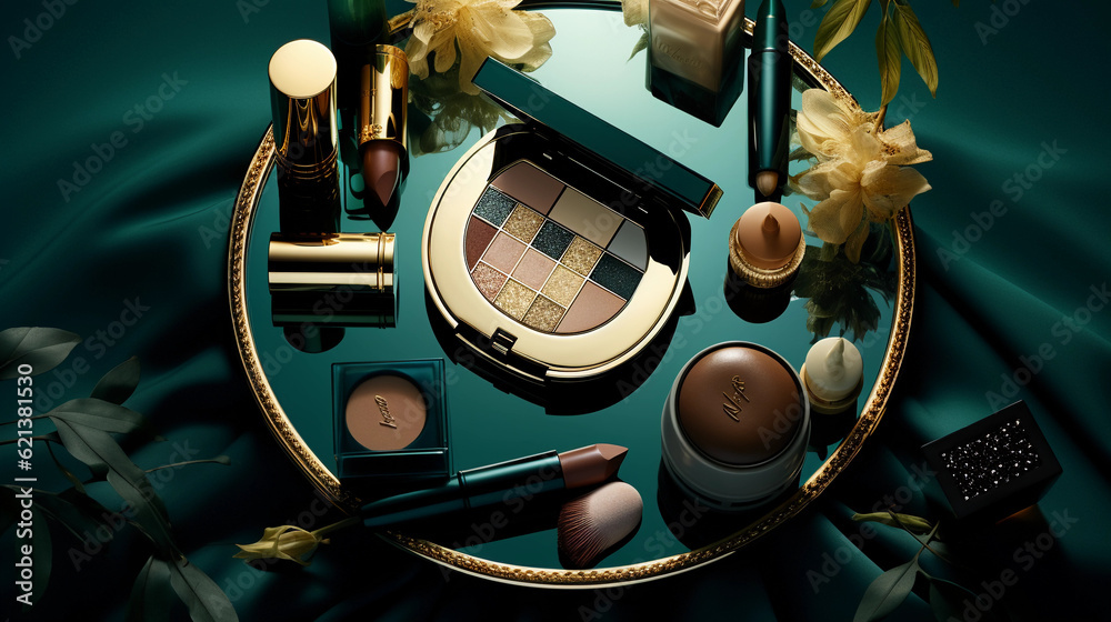 luxury beauty products on a gold tray, lipsticks, perfumes, skincare ...