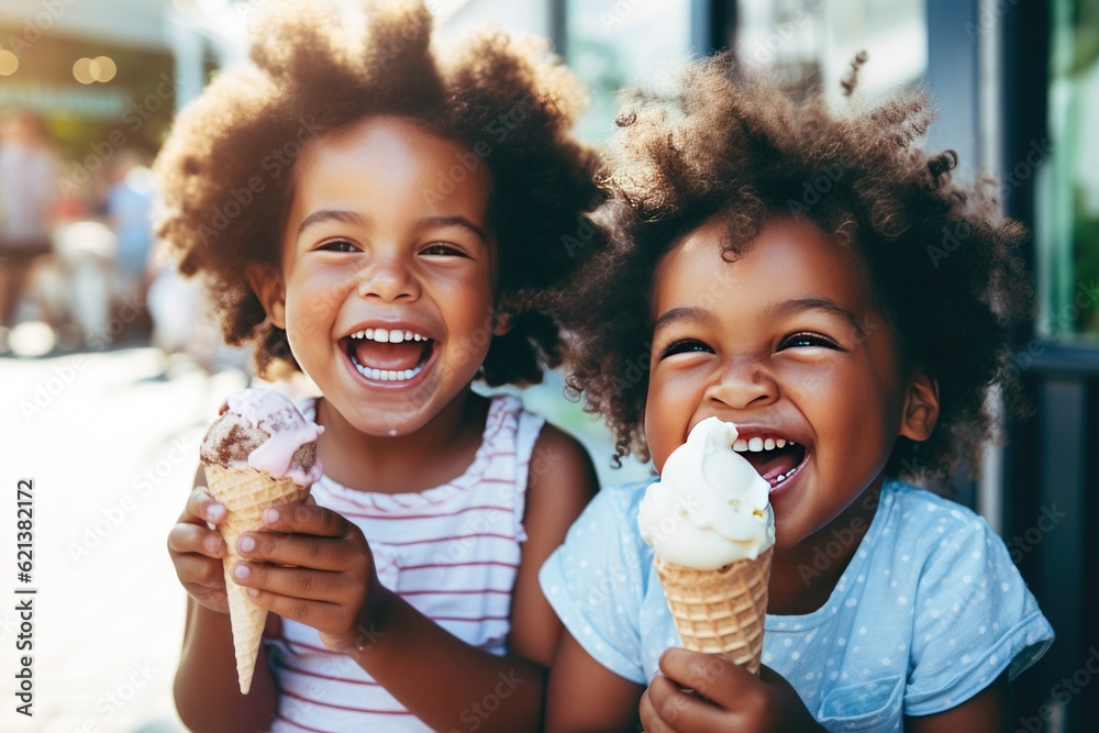 Happy Kids Eating Ice Cream Cones Outside on a Summer Day Stock Photo ...