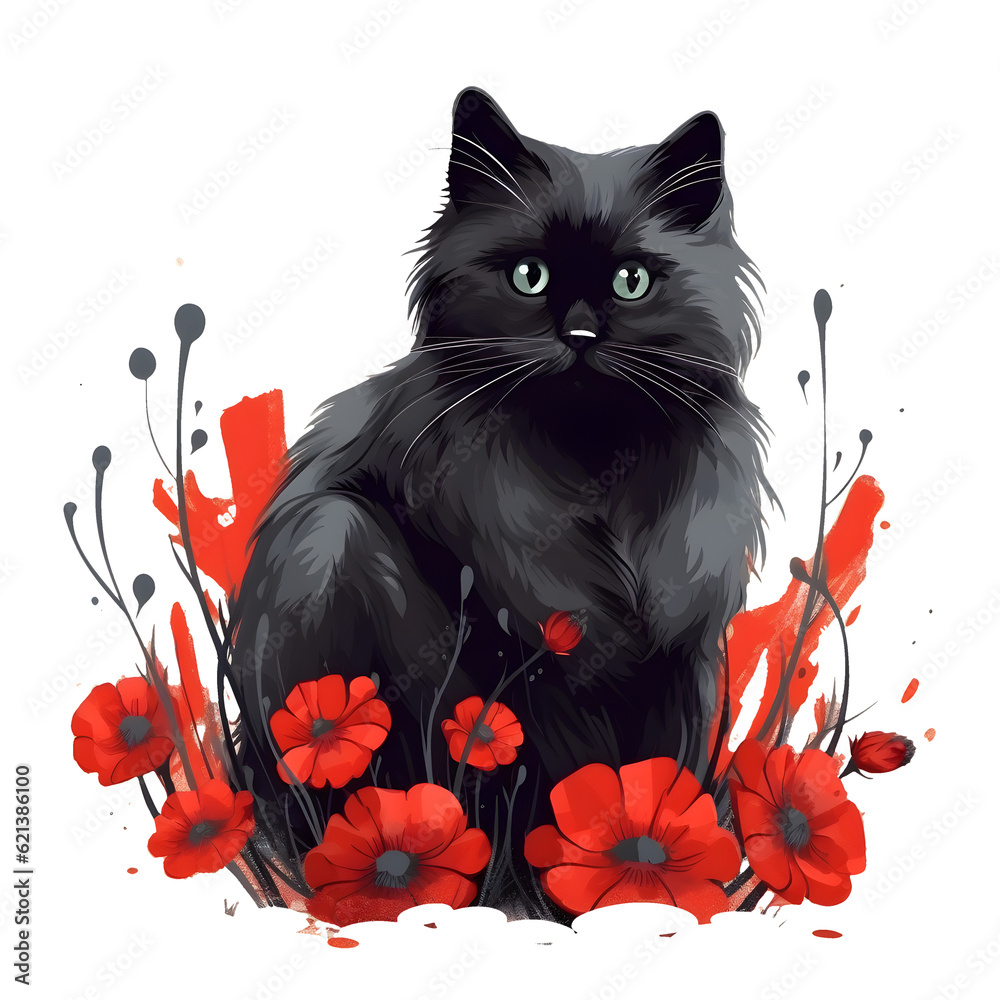 black fluffy cat in poppy field, clipart isolated on transparent ...