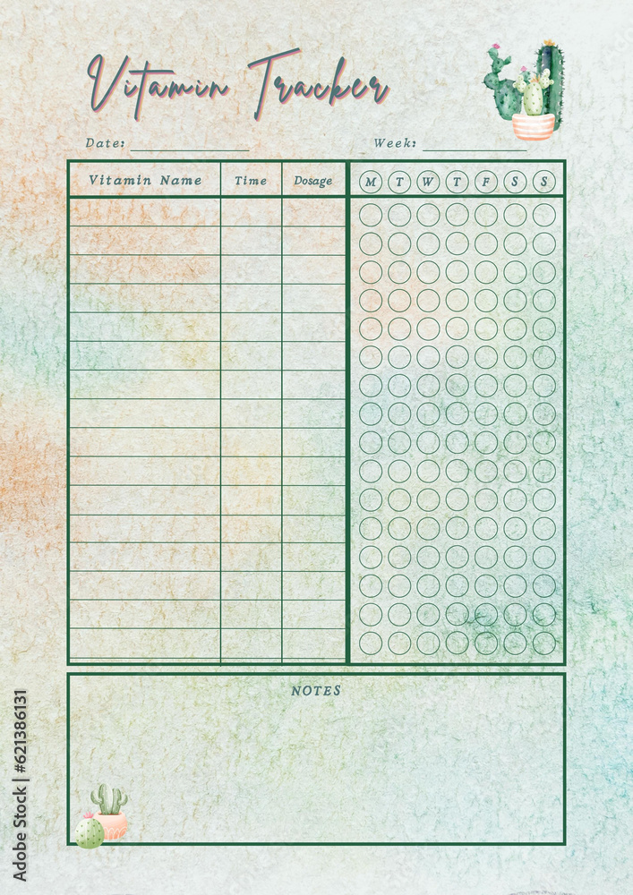 Vitamin tracker planner digital planning insert sheet printable page ...
