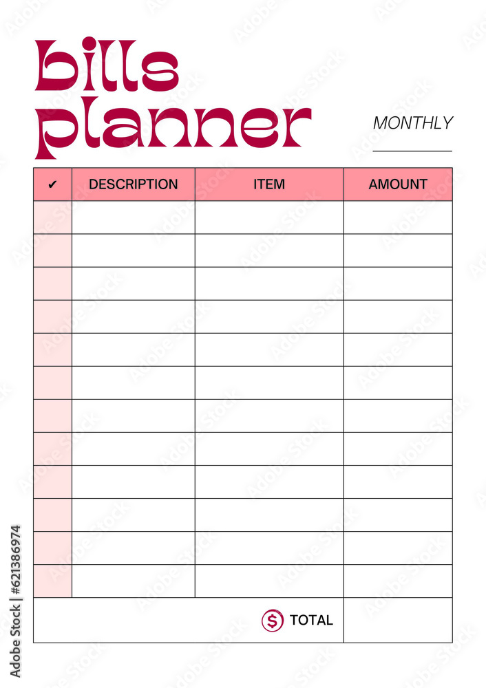 Bills monthly planner digital planning insert sheet printable page template Stock Illustration ...