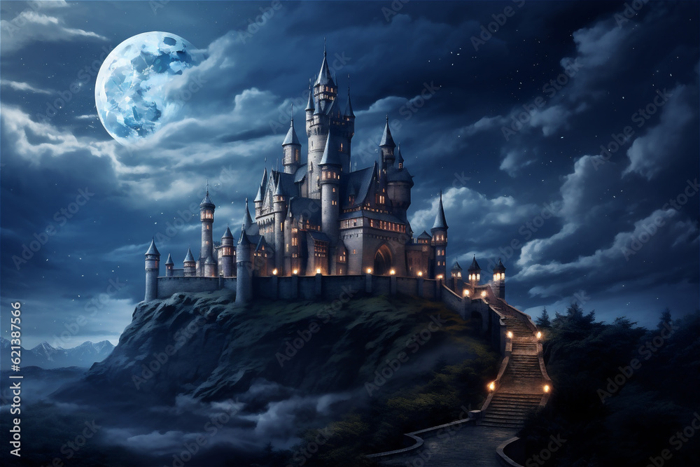 Scary castle at night, haunted place on Halloween. Dark scene with ...