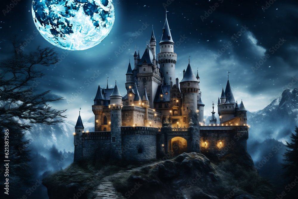 Scary castle at night, haunted place on Halloween. Dark scene with ...