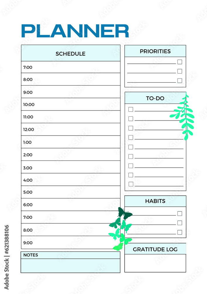 Planner with hours digital planning insert sheet printable page template Stock Illustration ...