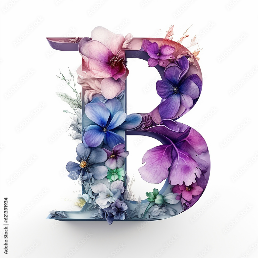 Letter B made of beautiful watercolor floral alphabet on white background. Flower font concept ...