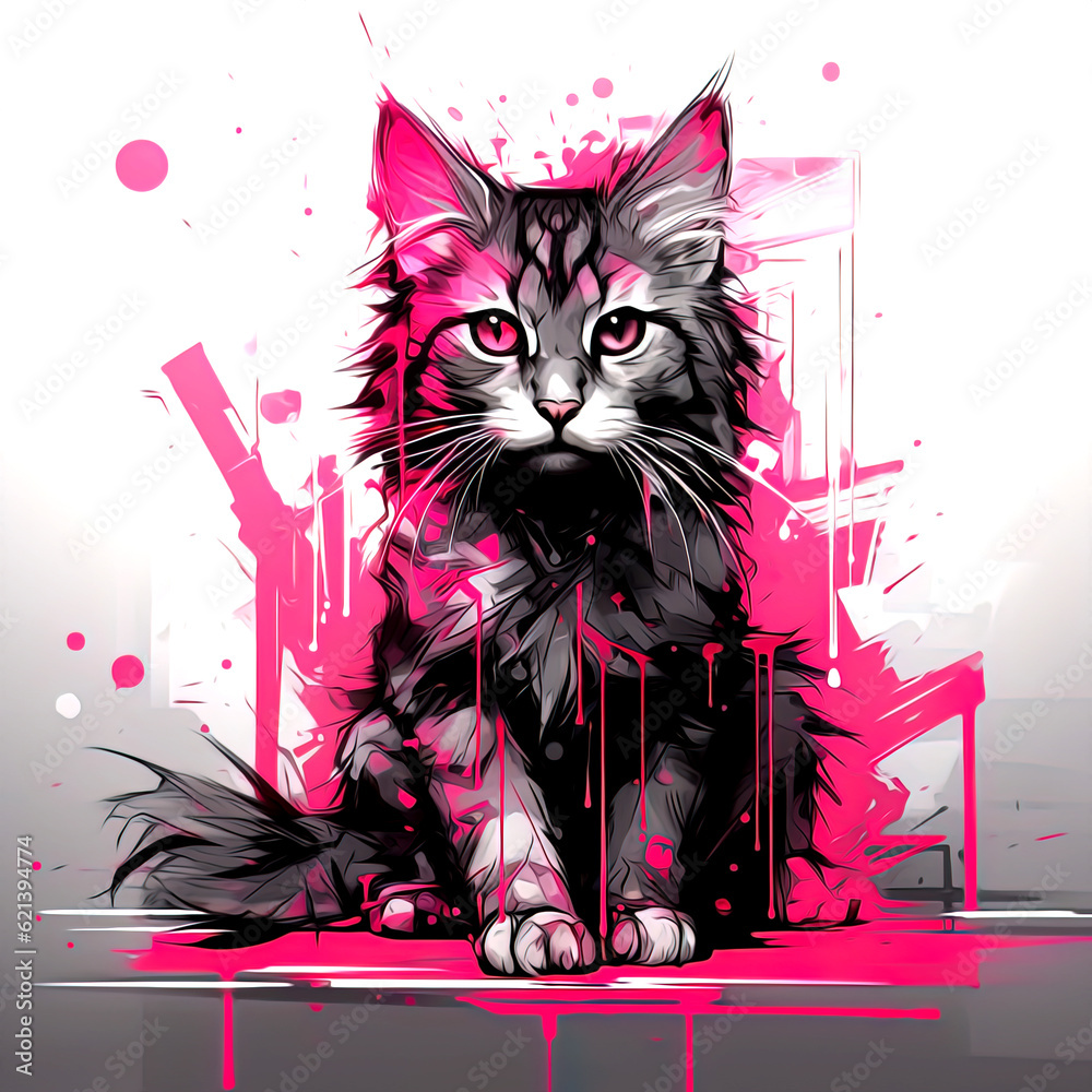 Striking digital paint of a cat with bold and dynamic lines, conveying ...