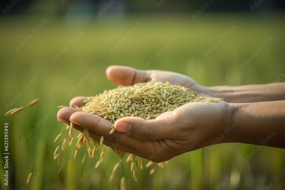 a photo realistic image of a hand holding a pile of rice grains in a ...