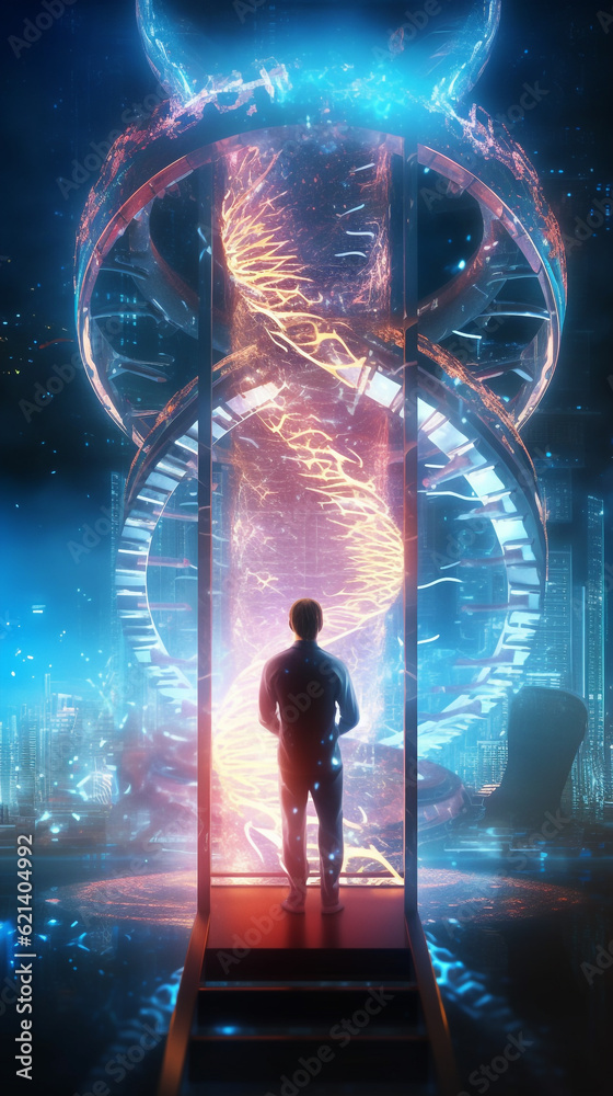 AI-Generated vertical poster of scientist biologist in front of a ...