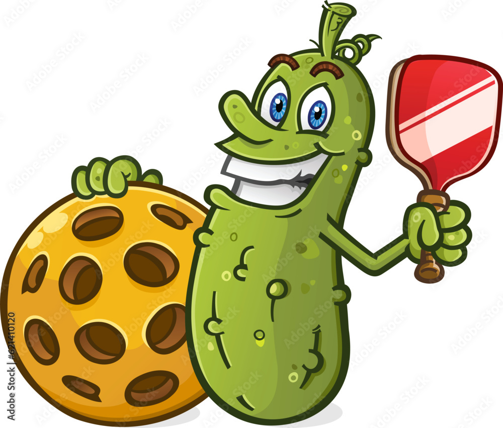 Cool pickle cartoon with attitude with a big toothy smile holding a ...