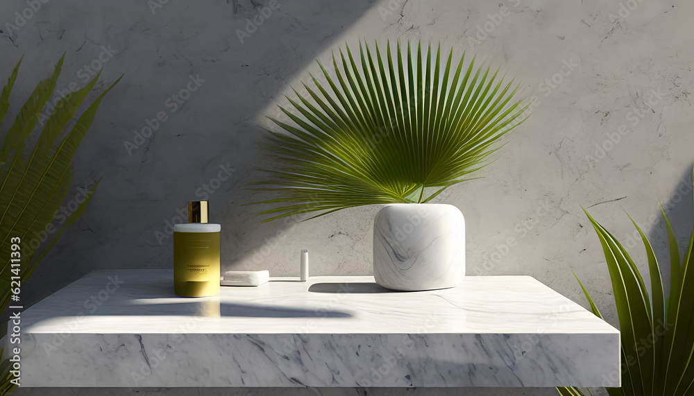 Modern minimal empty white marble stone counter table top, palm tree in ...