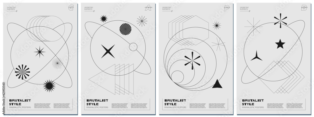 Abstract brutalism poster set with black geometric linear planets and ...