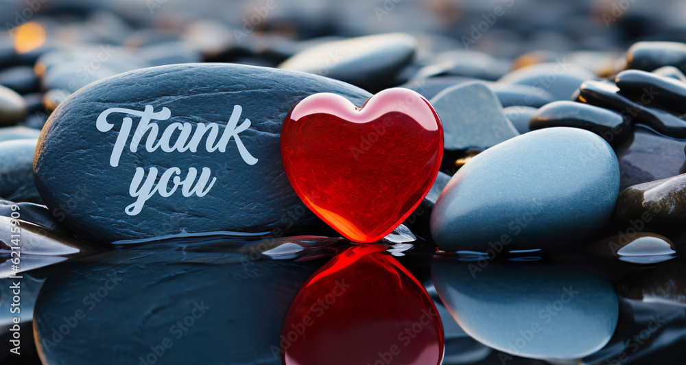Thank You text on a Zen Stone with a shiny red heart ruby in water for ...