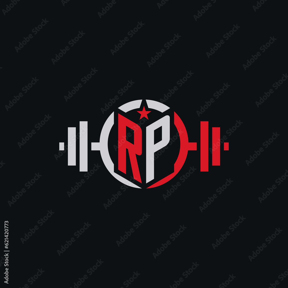 Vetor de Initial RP dumbbell logo design for fitness center with ...