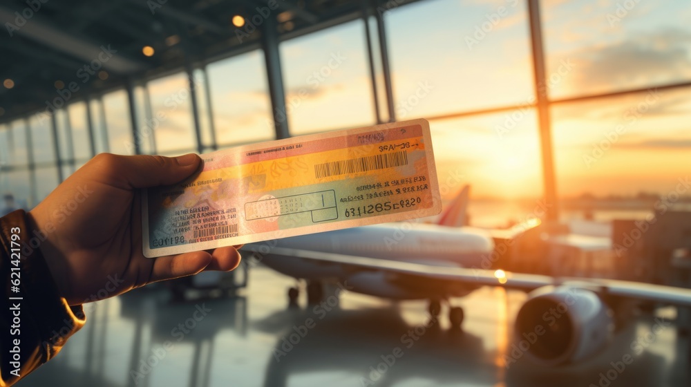 person's hand holding an airplane ticket at the airport gate generative ...